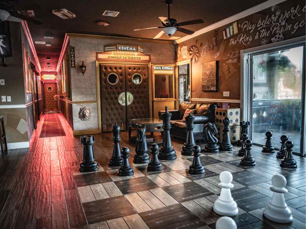 Beautiful Living Room with Chessboard Floor & Games